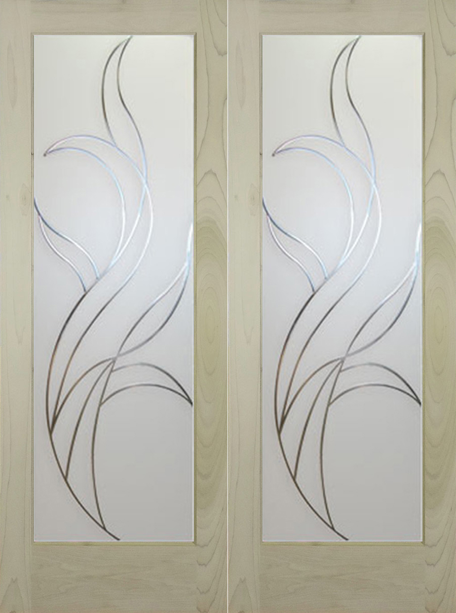 Decorative glass interior doors feature a fire pattern acid etched in ...